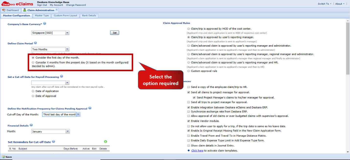 Define Claim Period, Define the notification frequency for claims ...