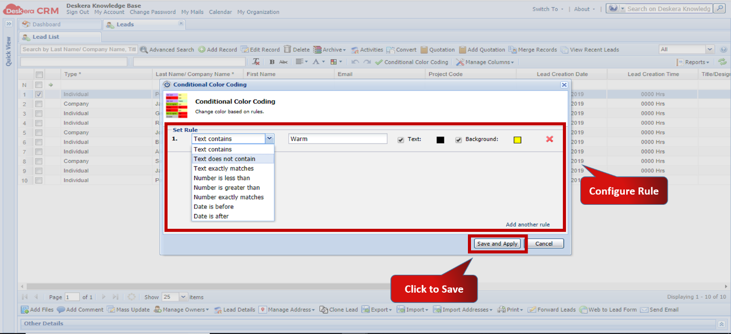 Conditional Color Coding & Formatting Lead List – Deskera Help Centre