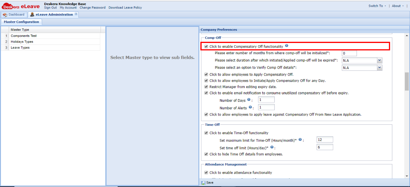 Master Configuration- Compensatory-Off and Time-Off – Deskera Help Centre