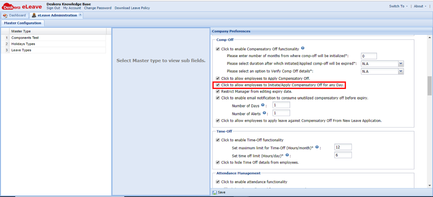 Master Configuration- Compensatory-Off and Time-Off – Deskera Help Centre