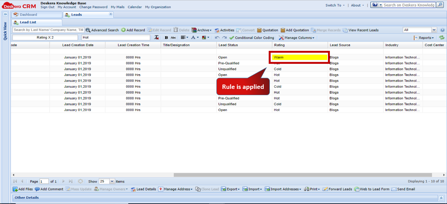 Conditional Color Coding & Formatting Lead List – Deskera Help Centre