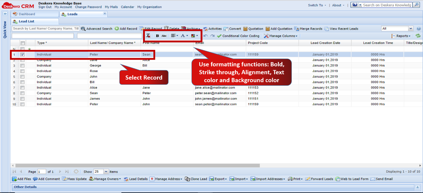 Conditional Color Coding And Formatting Lead List Deskera Help Centre